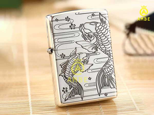 Zippo ZBT-3-11C, Bật lửa mạ bạc khắc đôi cá chép may mắn - Ambe.vn
