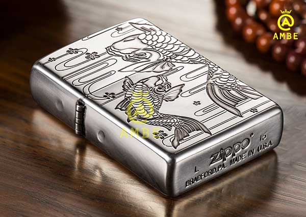 Zippo ZBT-3-11C, Bật lửa mạ bạc khắc đôi cá chép may mắn - Ambe.vn